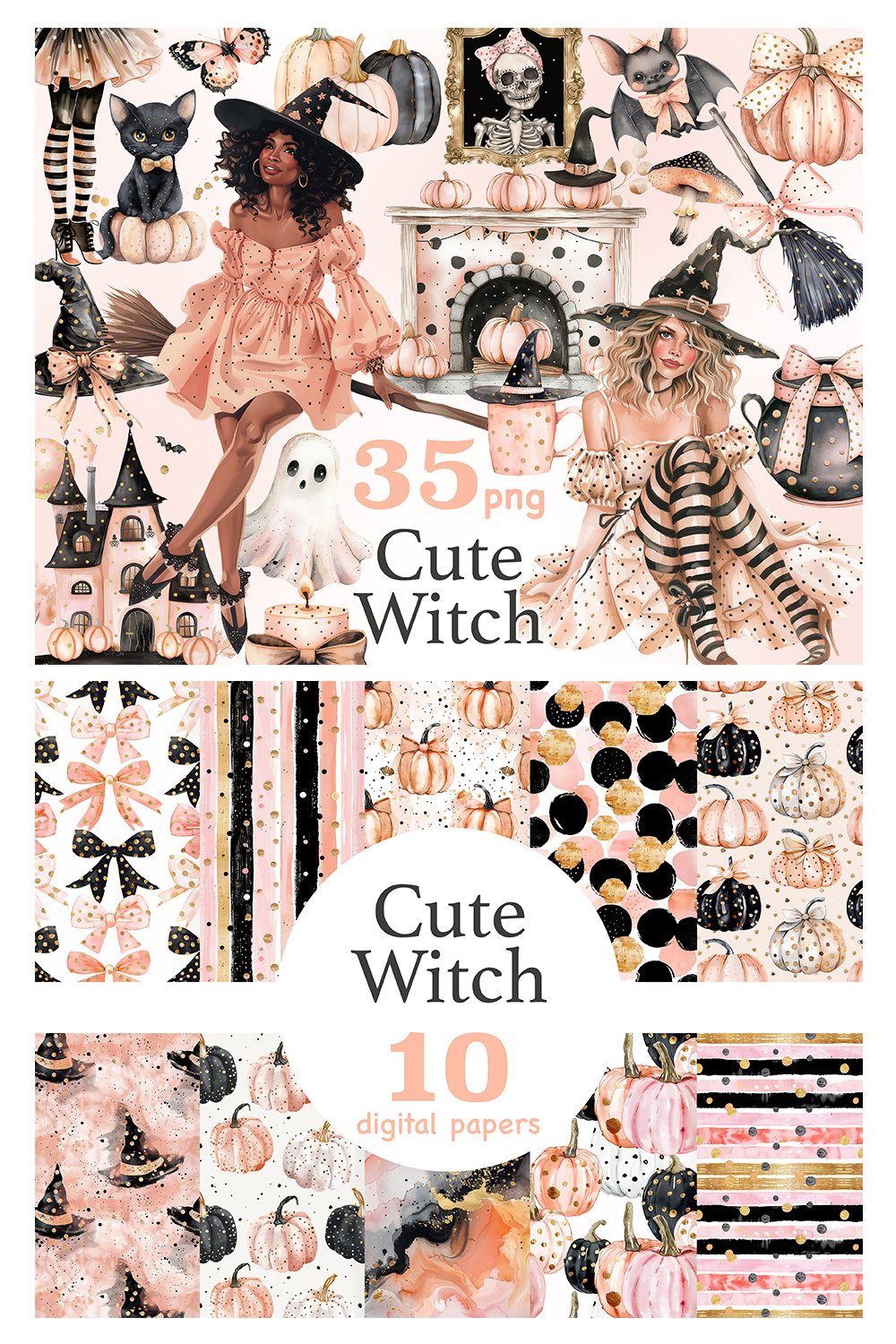 Cute Witch Digital Papers | Halloween Seamless Pattern