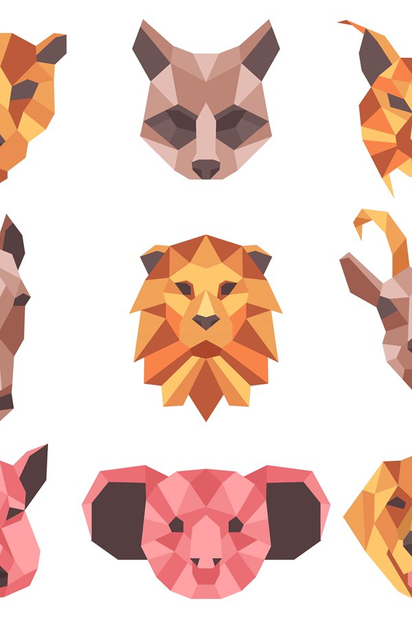 Polygonal geometric animals low poly portraits. Wild and dom