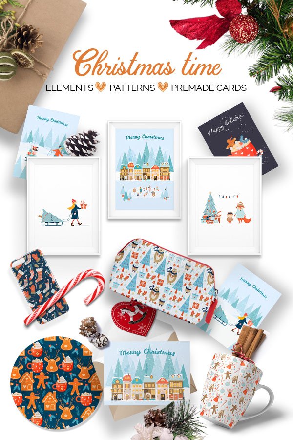 Big Christmas bundle with vector elements, patterns, cards