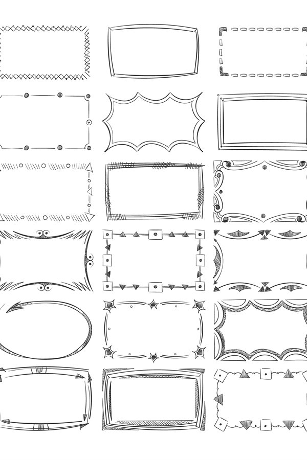 Square doodle image frames, hand drawn line borders vector