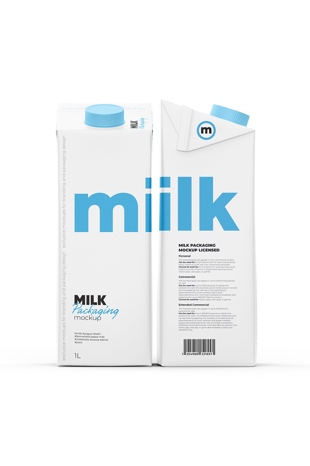 1L Milk packaging. Tetra Brik edge. Front and Side view