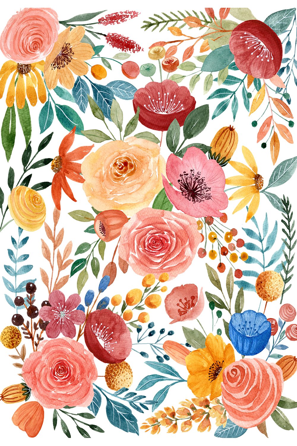 Watercolor autumn flowers. Bright colors of autumn. Autumn