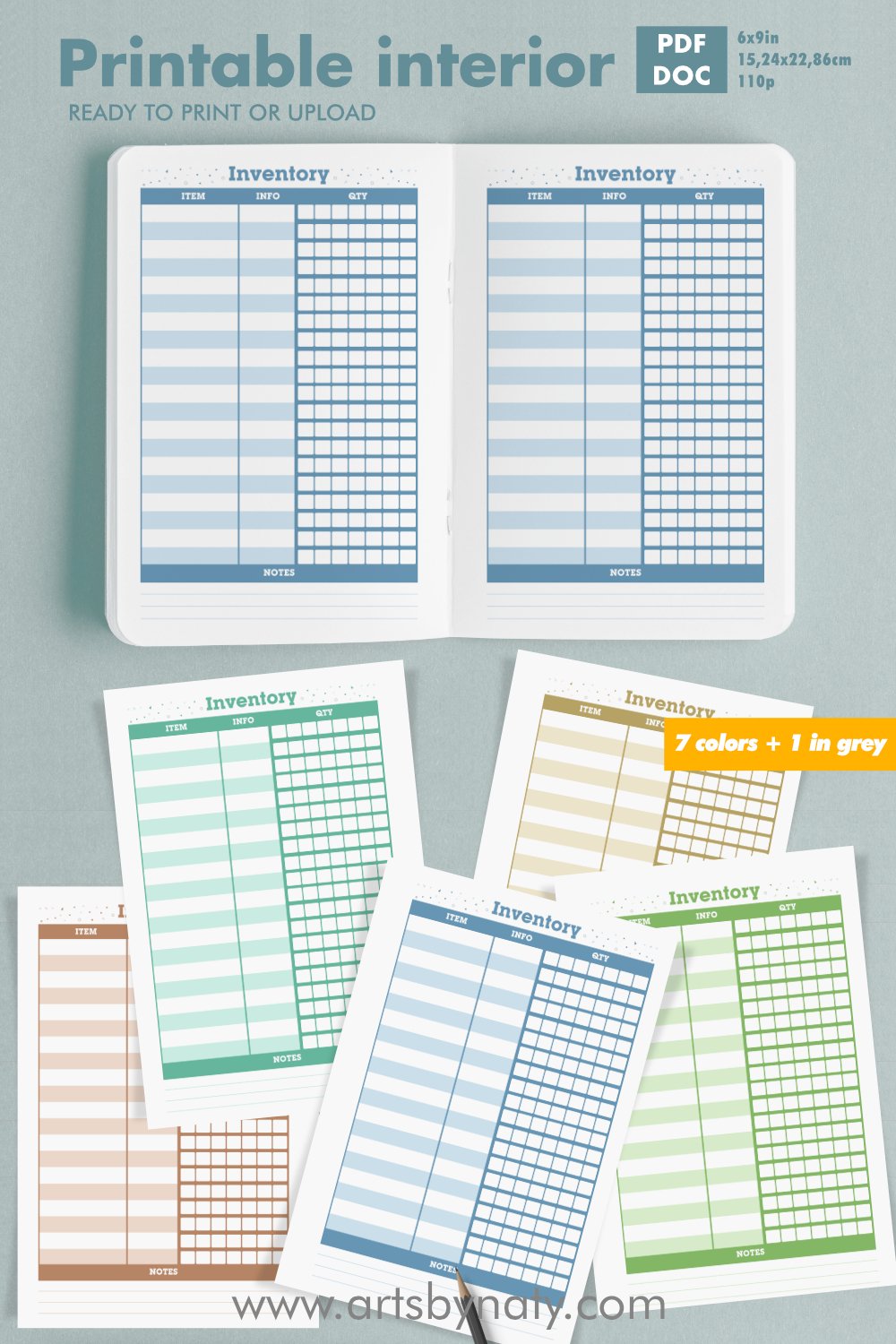 Set of inventory KDP notebooks in 7 colors and 1 in grey.