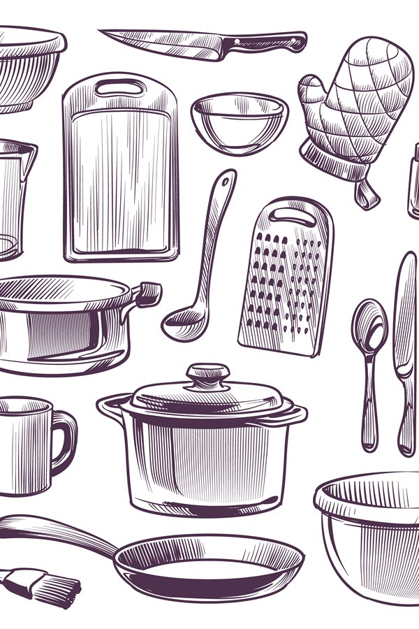 Kitchen utensils. Sketch cooking equipment. Frying pan, knif