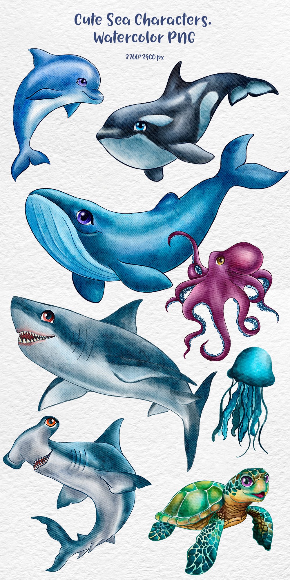 Cute Sea Characters. Watercolor
