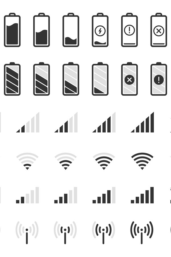 Battery and connection icons. Smartphone charge level, wifi