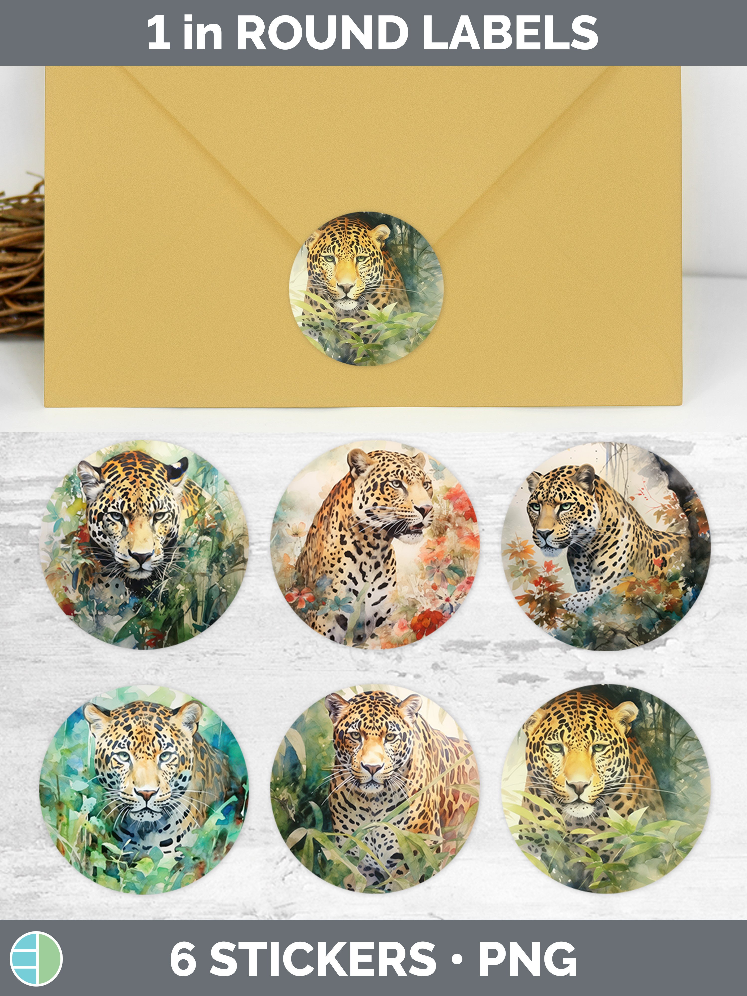 Japanese Watercolor Jaguar Stickers | Round Labels Designs B
