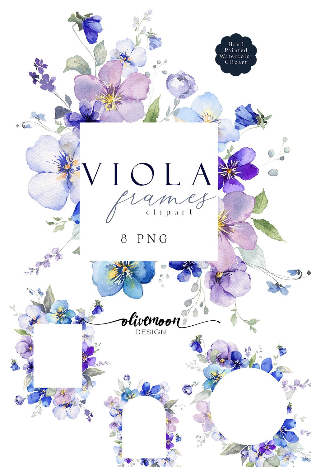 Dusty Blue Purple Navy Floral Clipart Spring Frames PNG