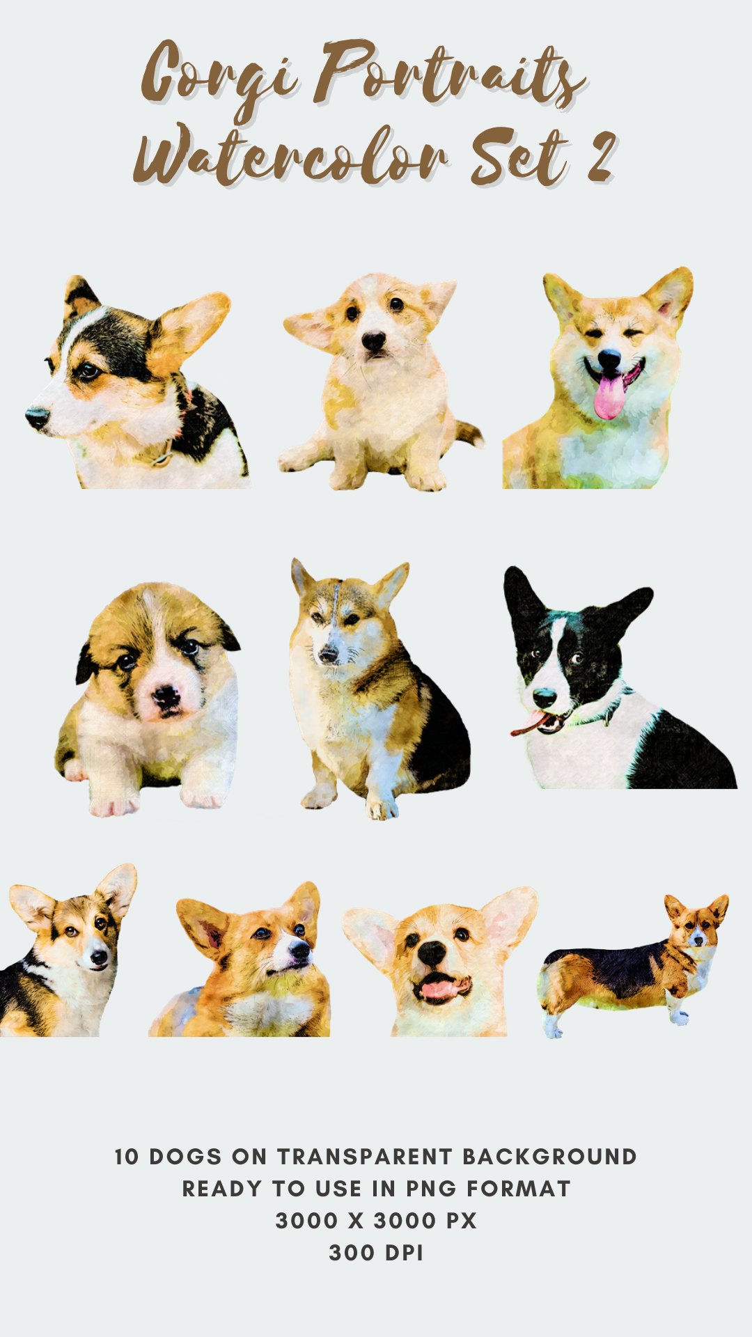 10 Corgi Portraits Watercolor Set 2| Dog Breeds Artclips
