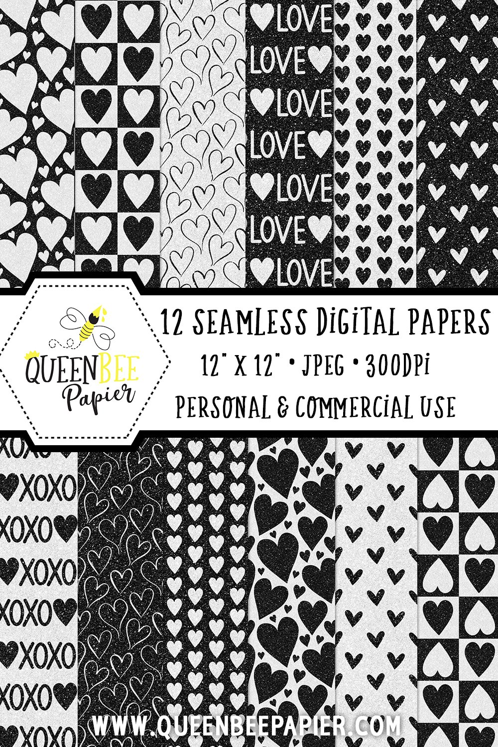Black & White Glitter Heart Digital Paper Pack