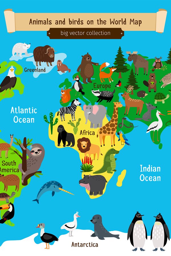 World Map Animals. Europe and Asia, South and North America,