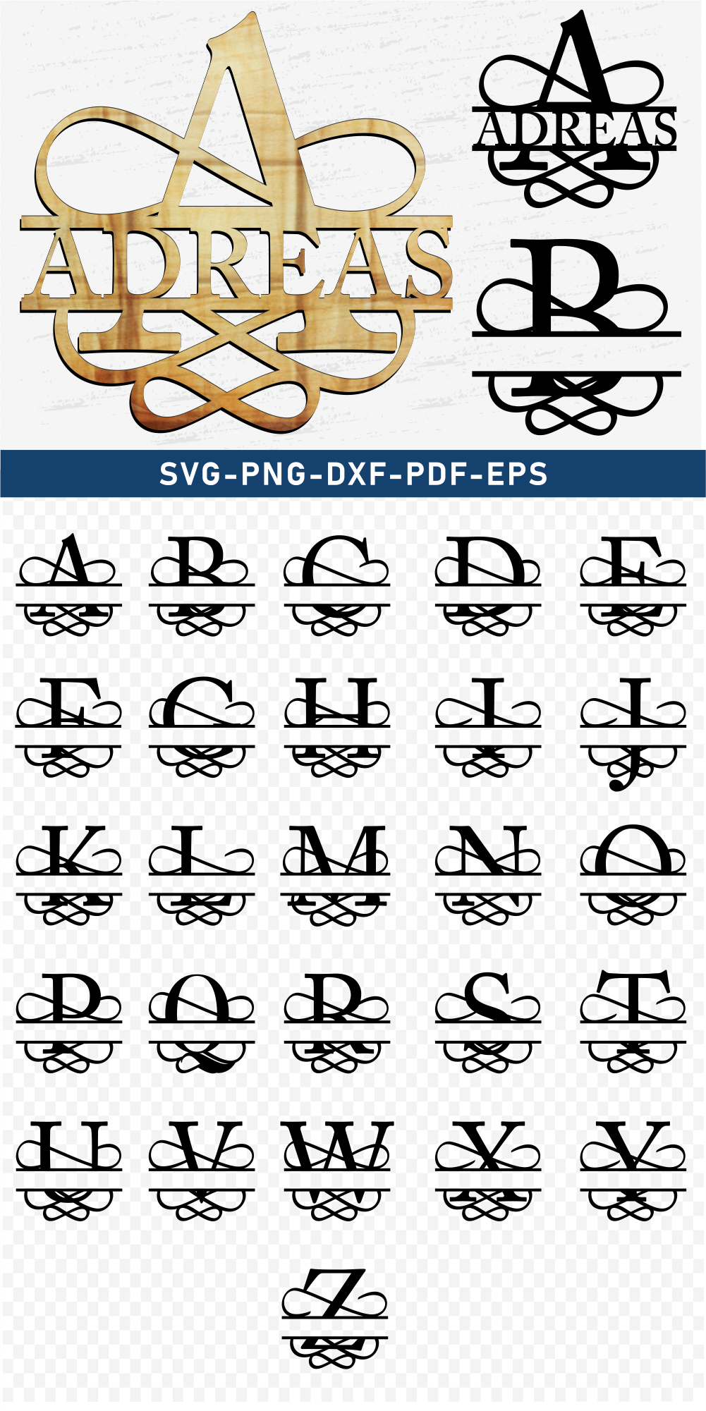 Elegant Monogram Split Alphabet Letters, Ornate Font SVG