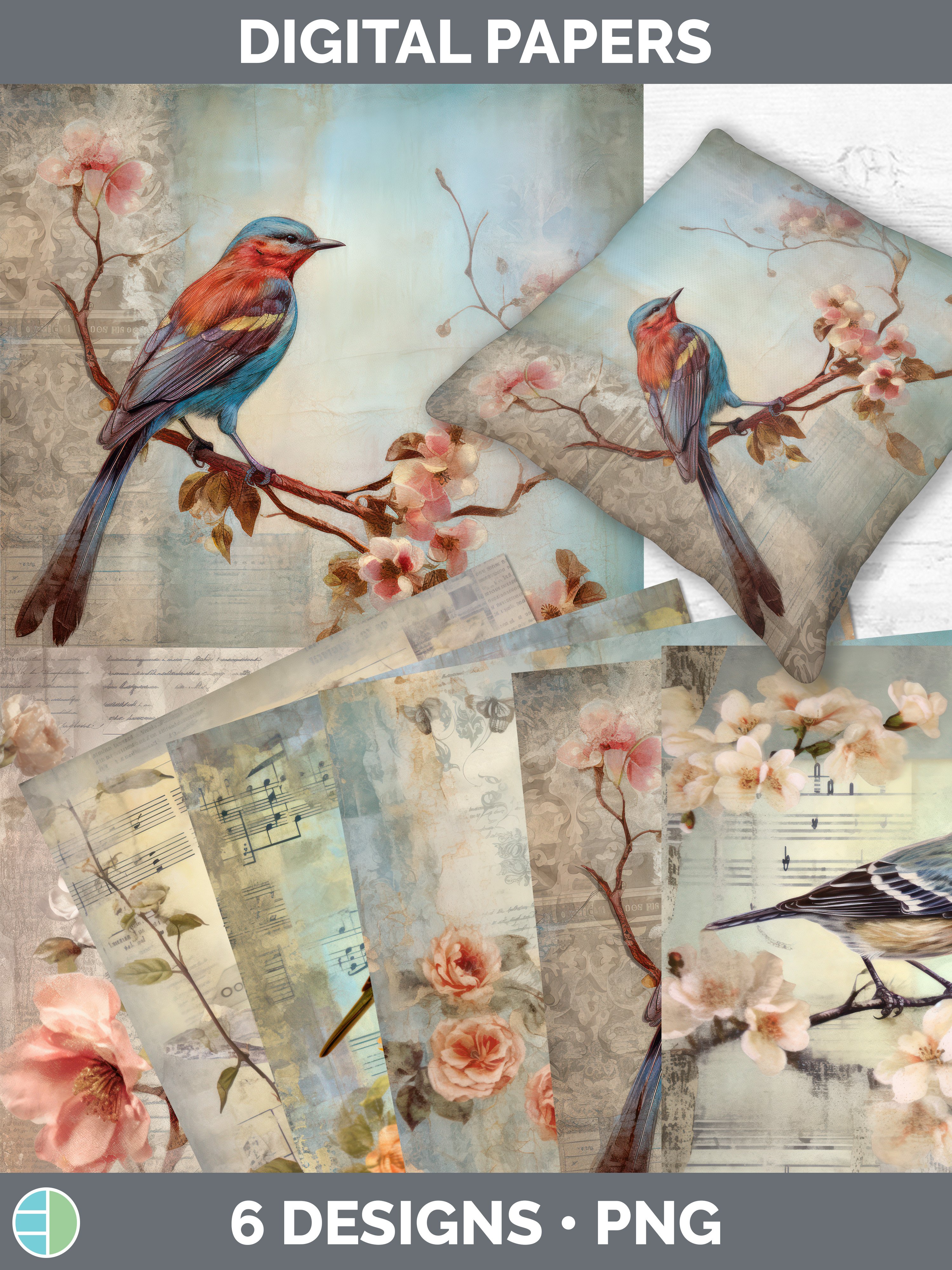 Vintage Nightingale Bird Paper Backgrounds | Digital Scrapbo