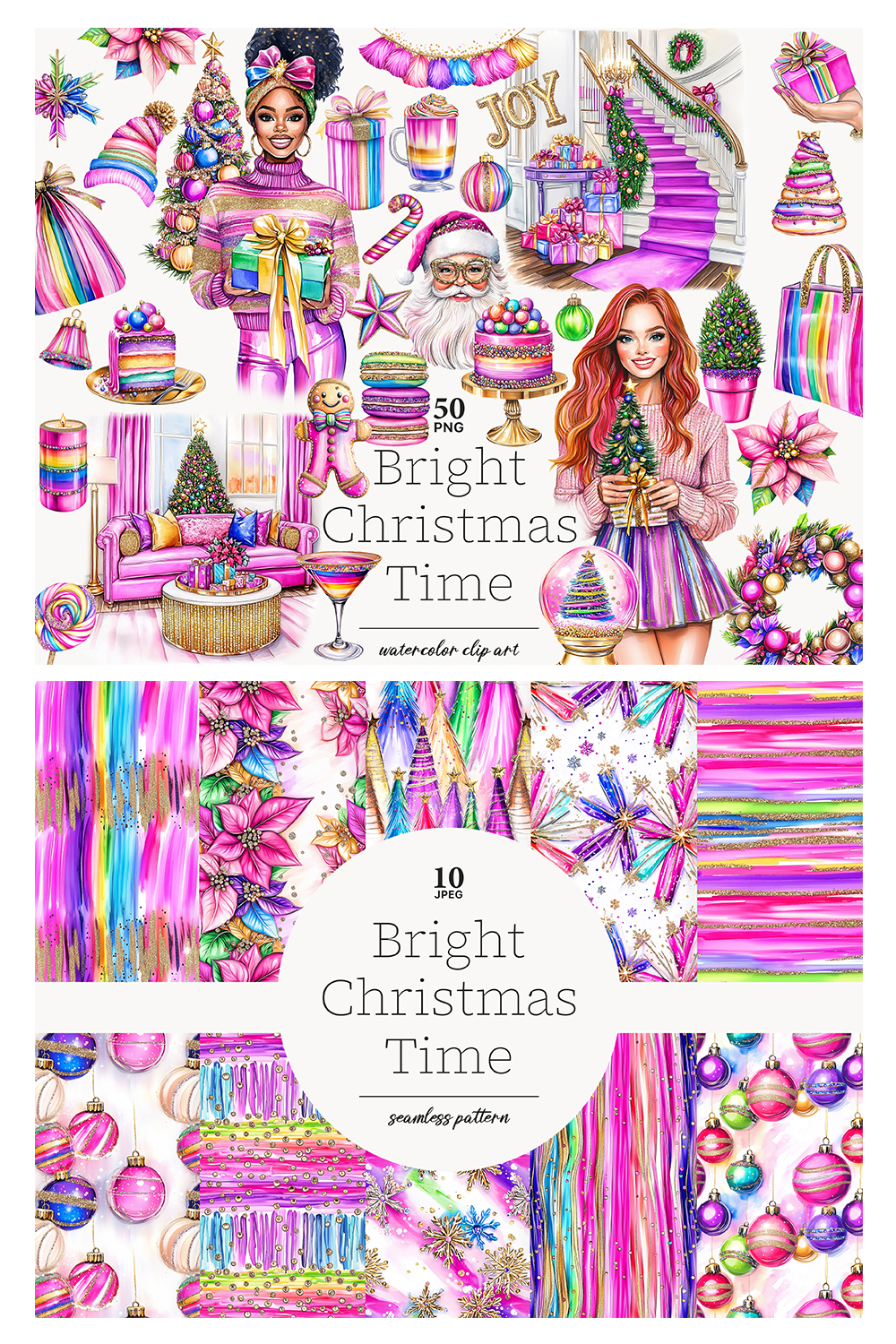 Merry & Bright Christmas Clipart | Festive Pink Holiday PNGs