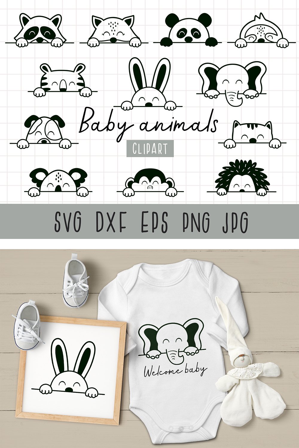 Animal faces clipart, Black and White, Cute animal clipart