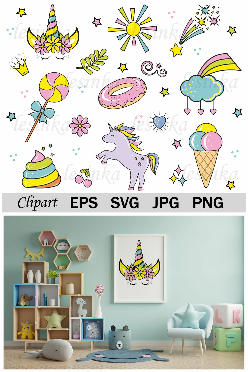 Clipart with cute unicorns and rainbows, svg file cutting