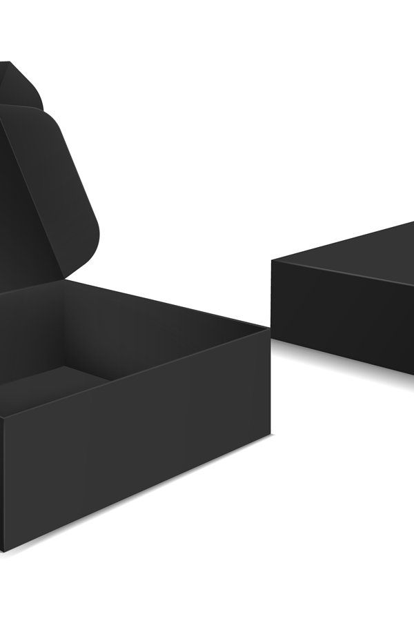 Black box packaging. Side view open and closed gift blank bo