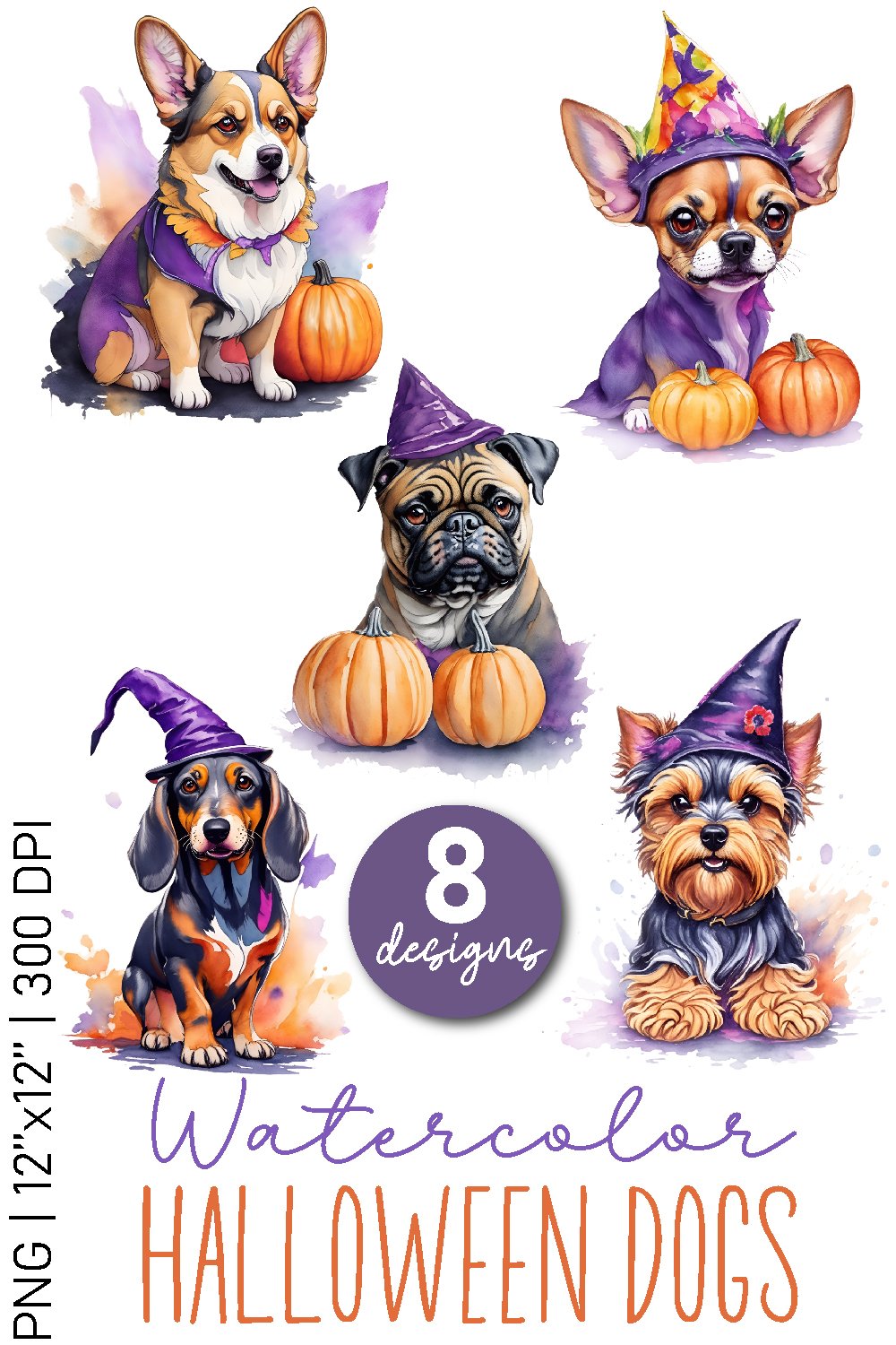 Watercolor Halloween dogs sublimation PNG | 8 designs