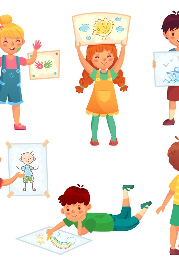 Drawing children. Kid illustrator, baby drawing play and dra