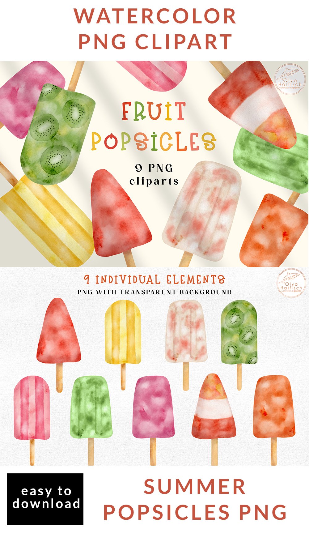 Watercolor Popsicle Clipart. Summer Fruit Ice Cream PNG Set