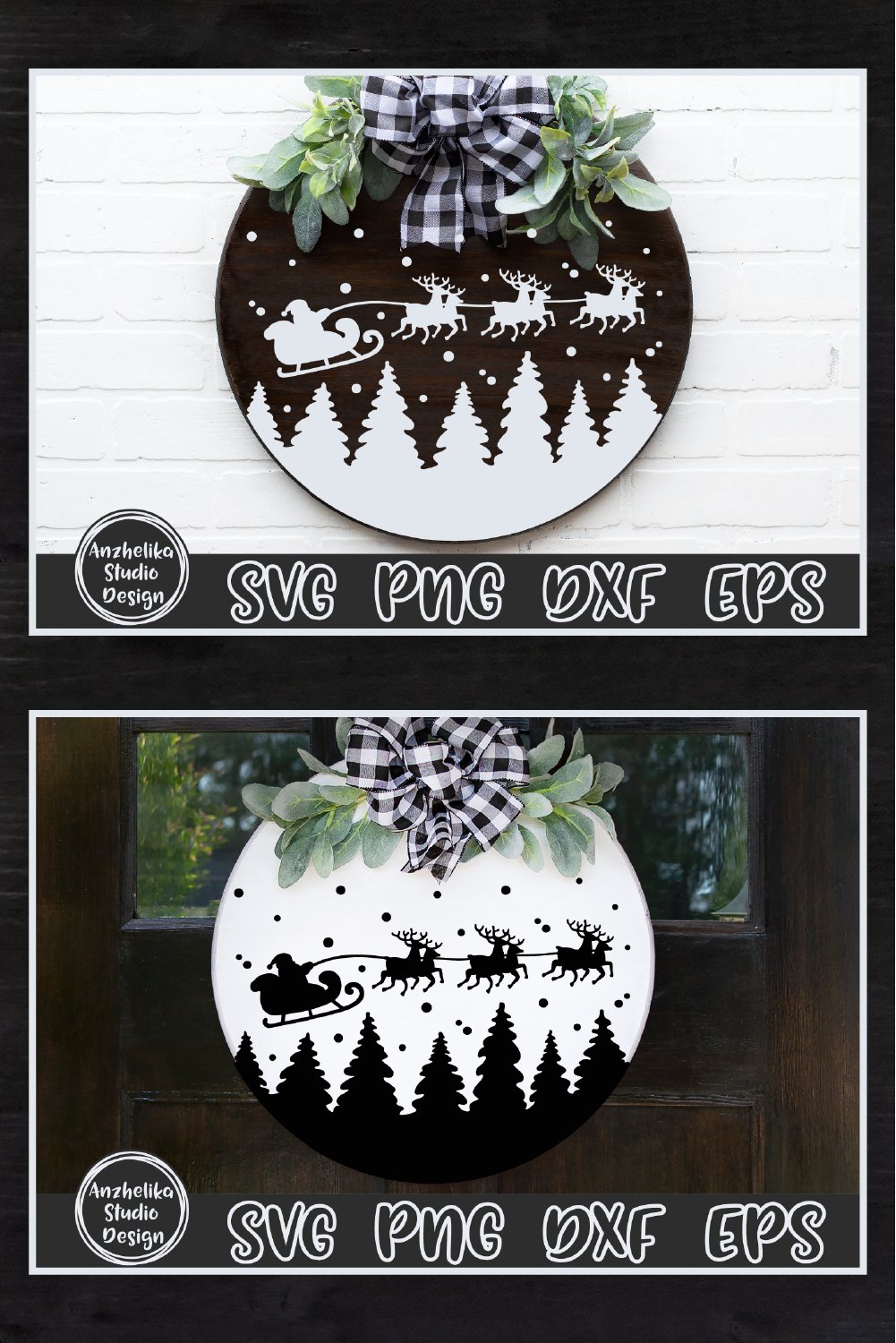 Christmas Scene Round Sign | Flying Santa With Reindeer SVG