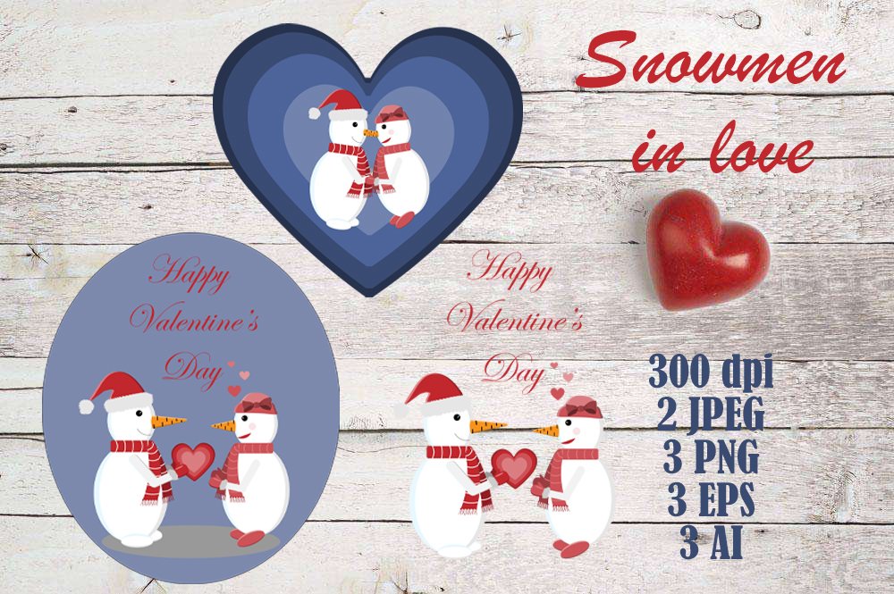 Snowmen in love - vector illustration for Valentine's day.