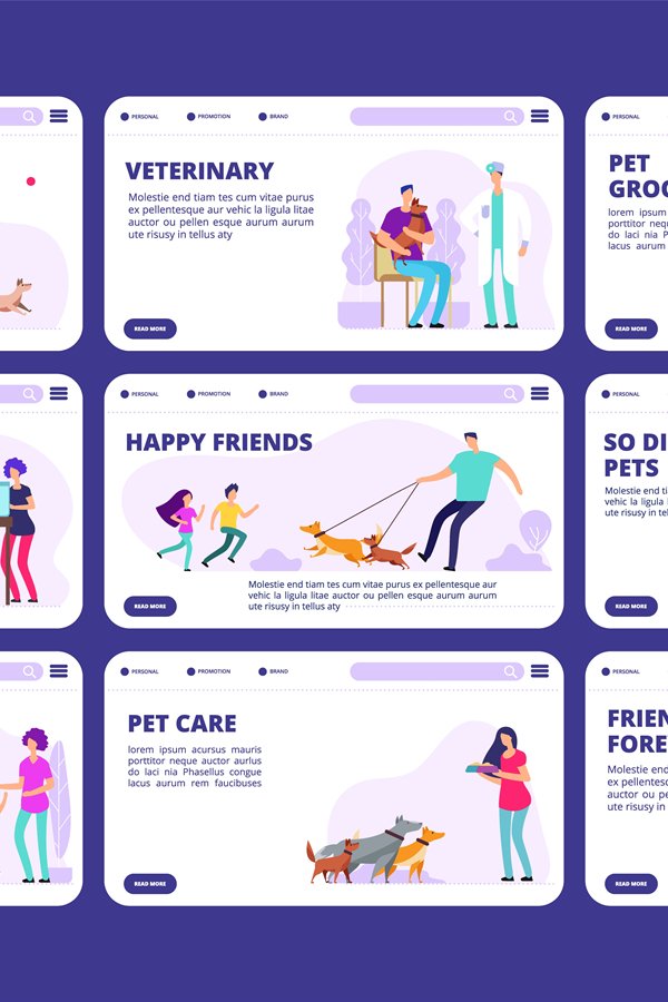 People with pets landing pages template. Vector characters p