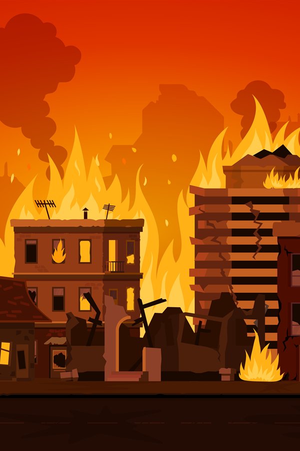 Cartoon apocalyptic city landscape with destroyed building o