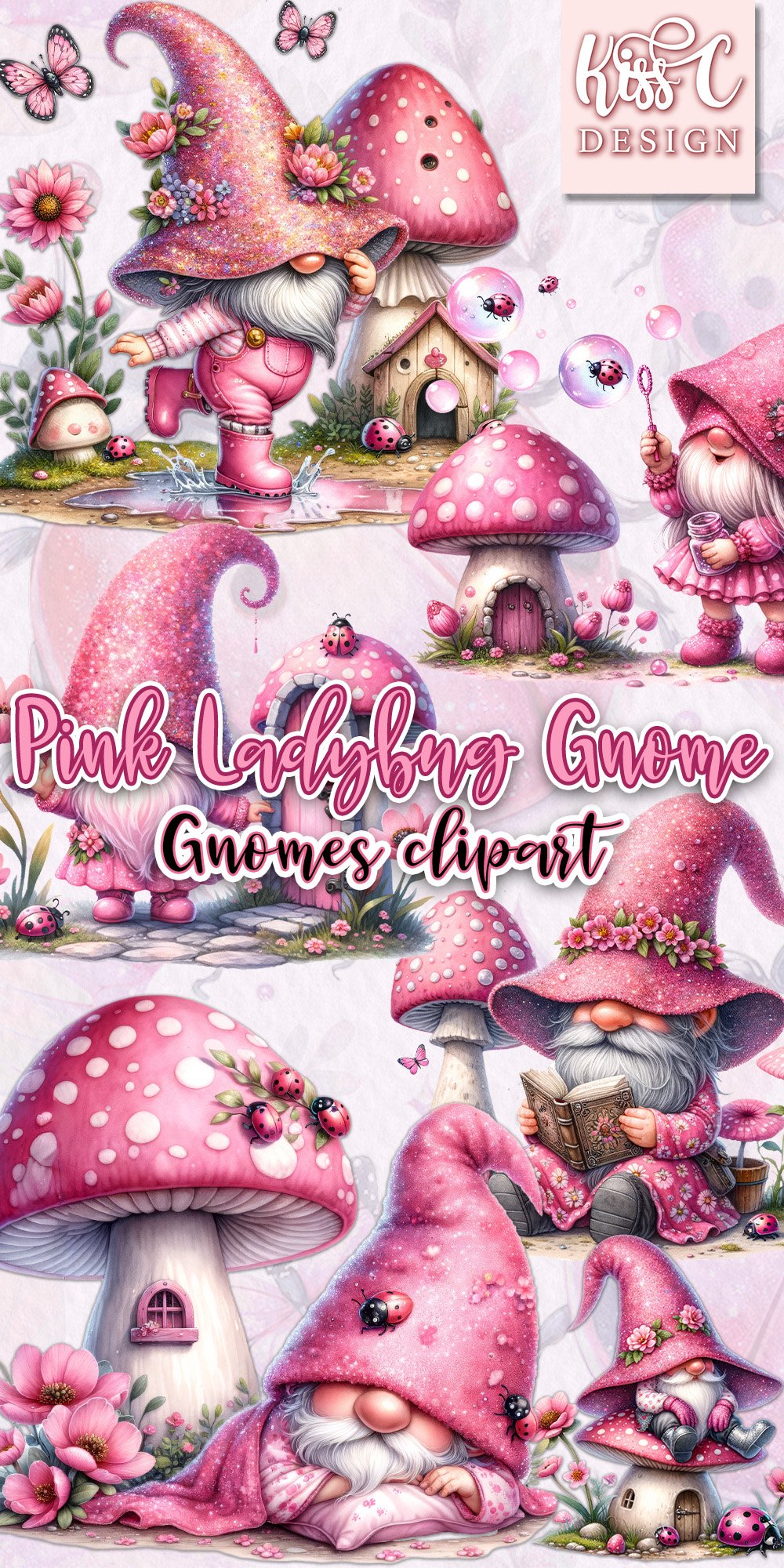 Watercolor ladybug Gnomes Clipart. Gnome Spring Season.