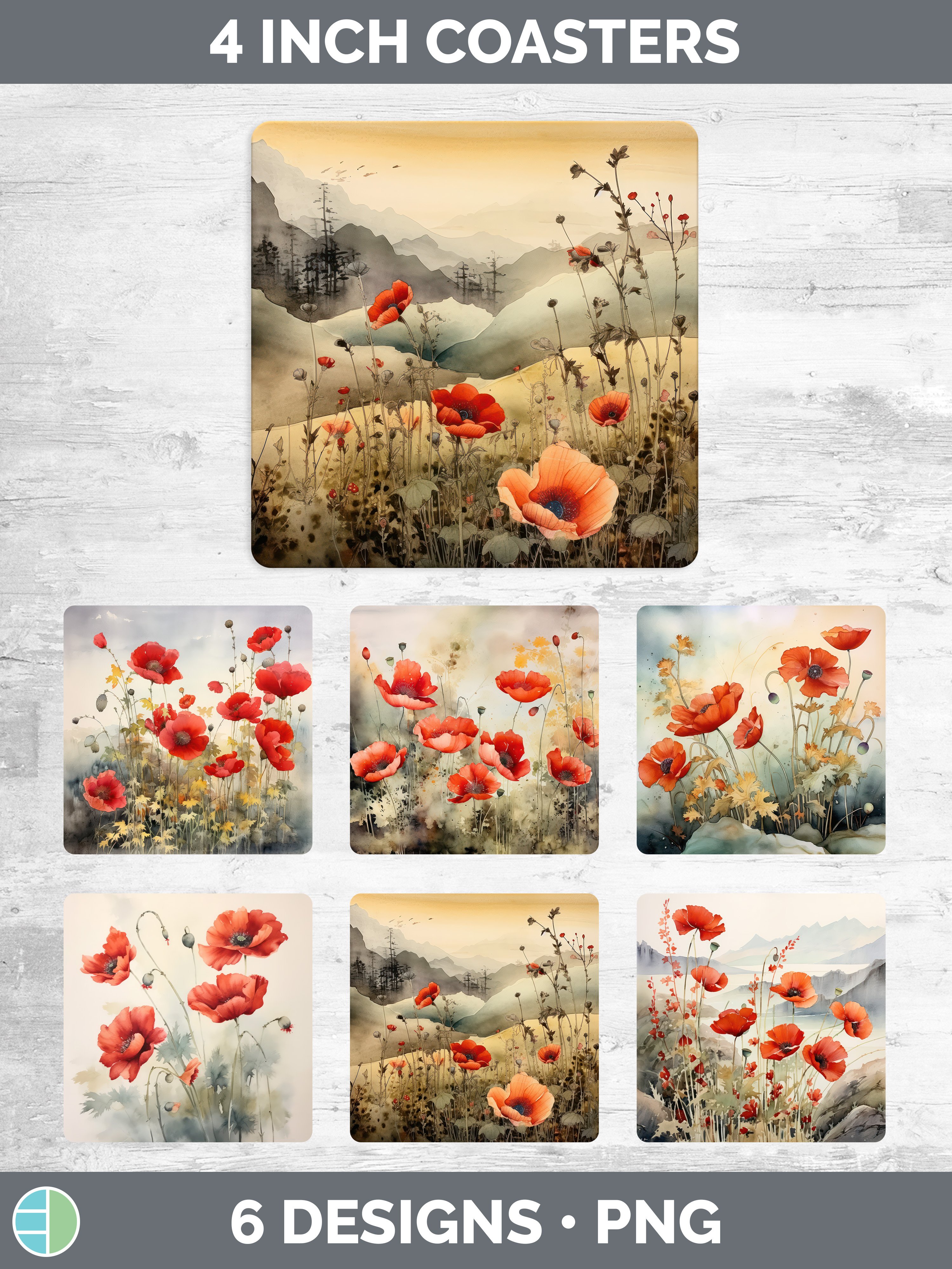 Japanese Watercolor Poppy Flowers Square Coaster | Sublimati