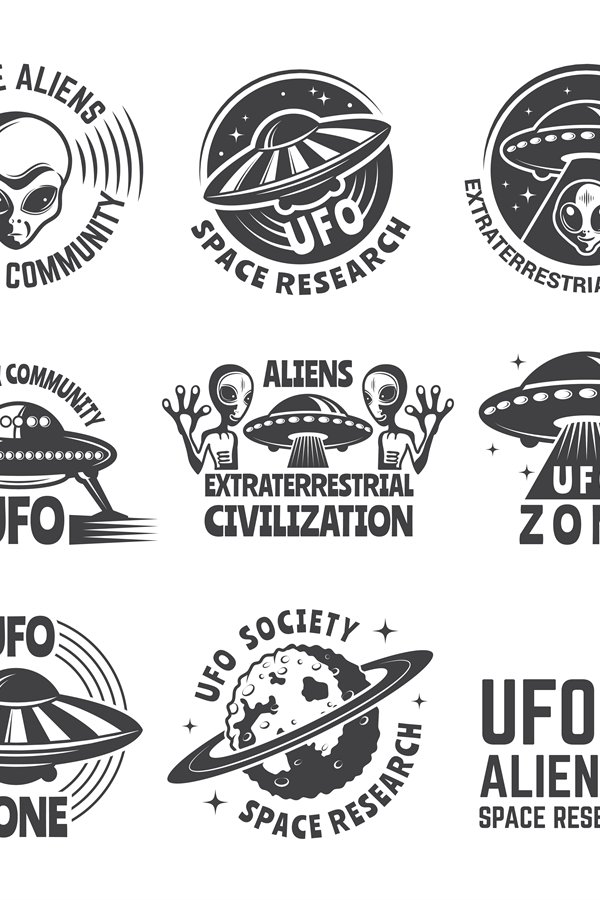 Monochrome labels or badges with pictures of aliens, ufo and
