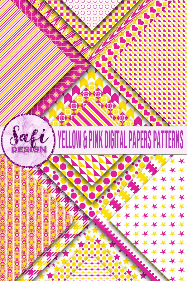 Digital Papers Backgrounds - Yellow and Hot Pink Patterns