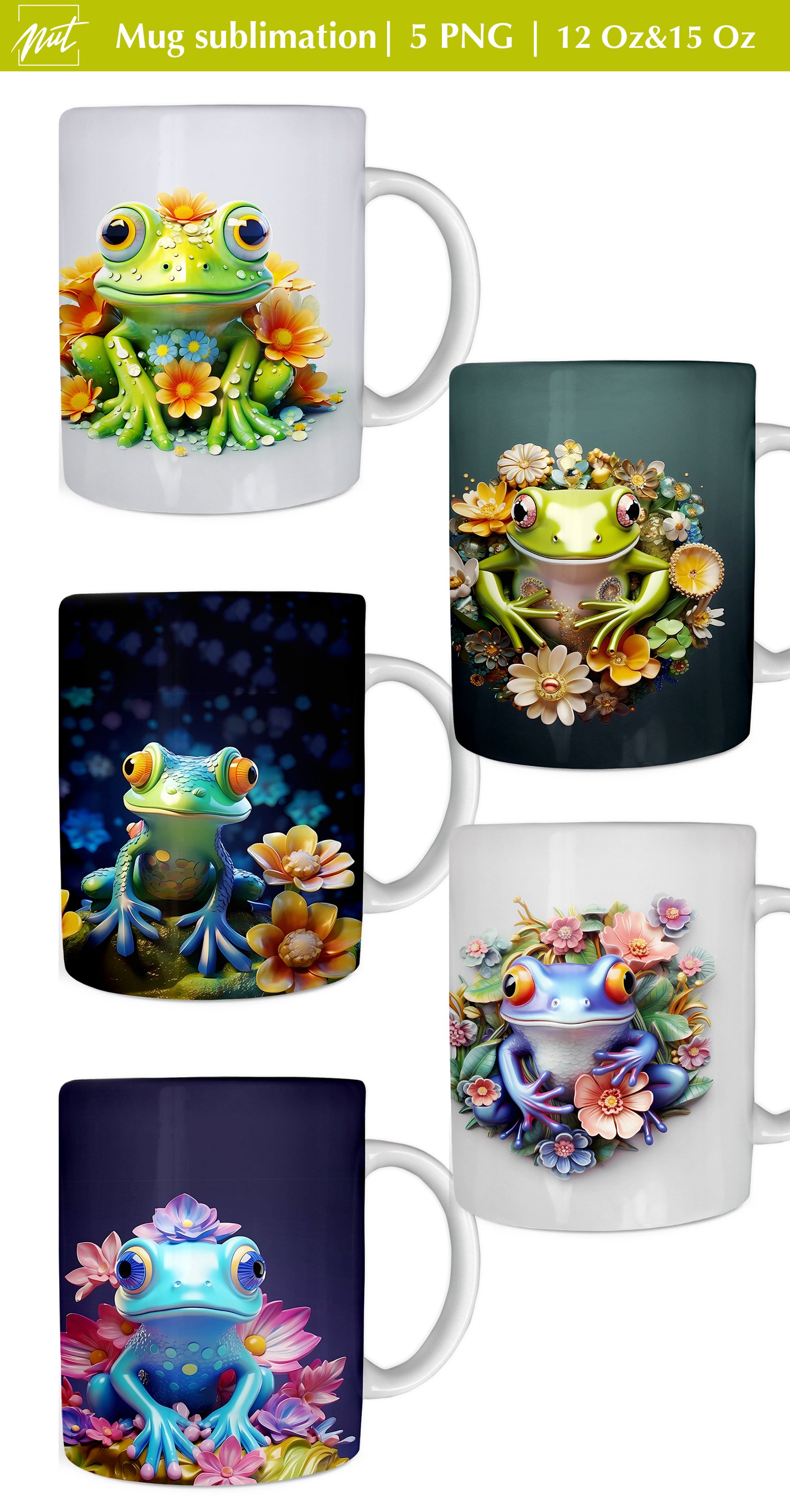 3D Mug with 3D frogs, summer mug wrap, 15 oz mug sublimation