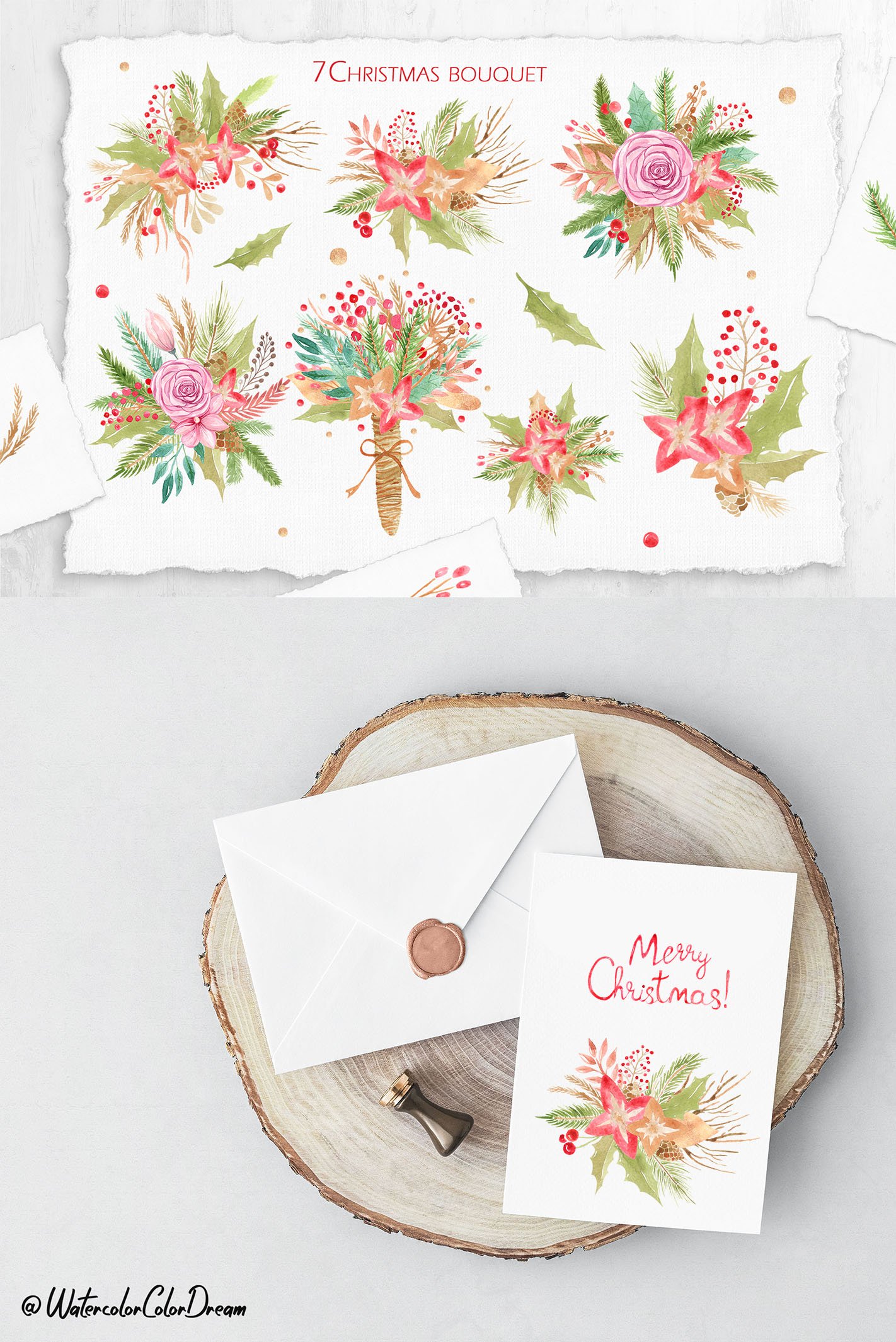 Watercolor Christmas floral clipart (1600599)