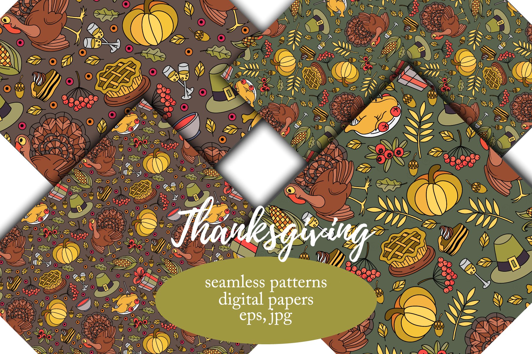 Thanksgiving doodle seamless patterns, fall digital papers