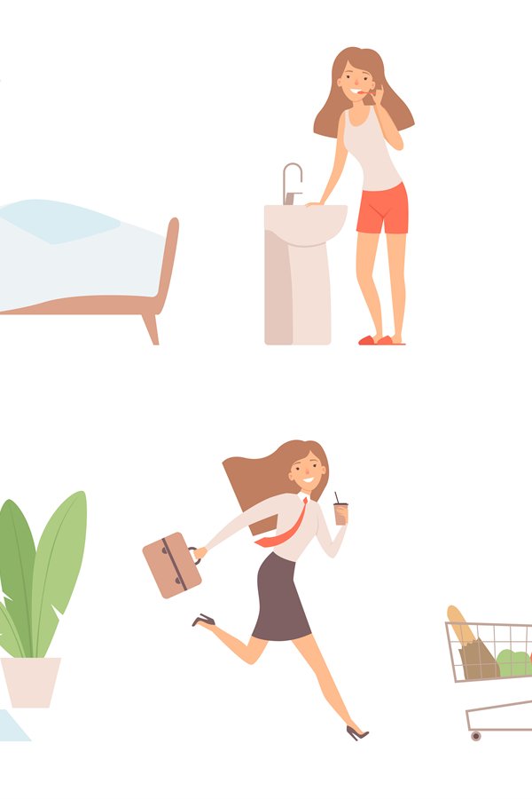 Woman daily routine. Business lady time management life ever