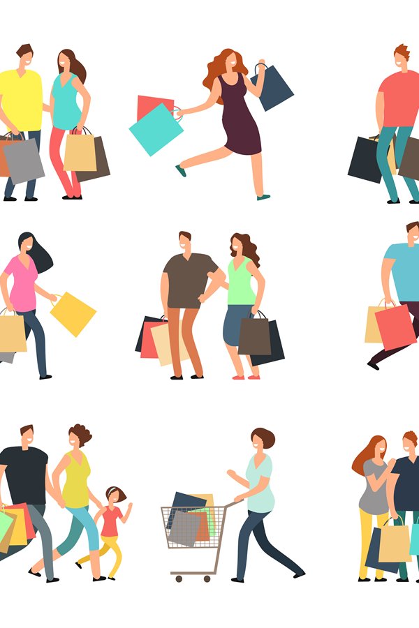 Happy shopping people. Man, woman and shoppers with gift box