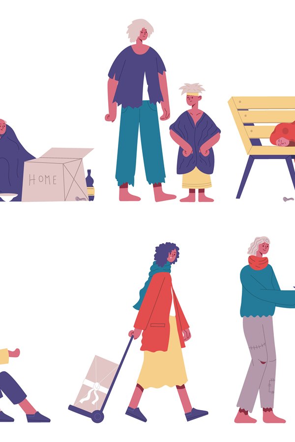 Homeless characters. Poor, unemployment beggar characters, h