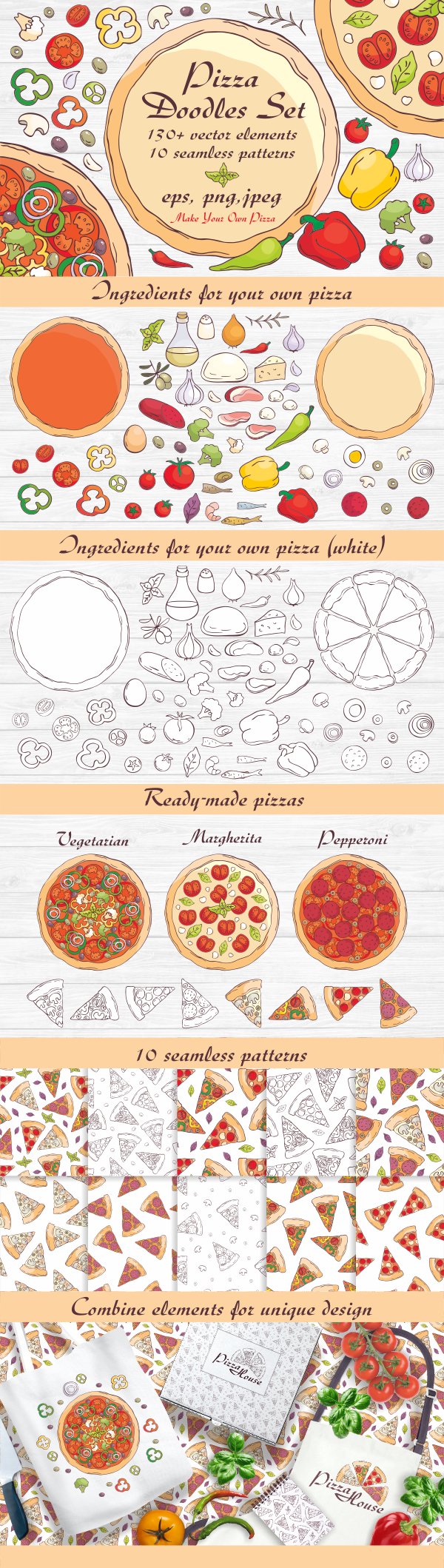 Pizza Doodles set. Vector elements and seamless patterns.