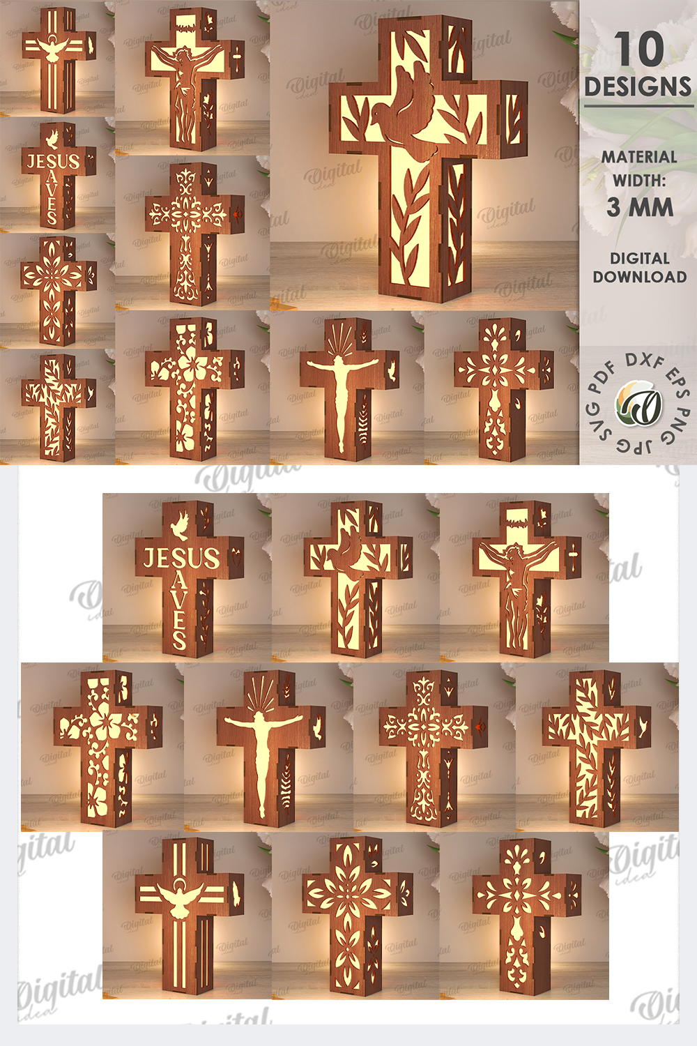 3D Cross Lamp Bundle Laser Cut. Wooden Decorated Cross SVG