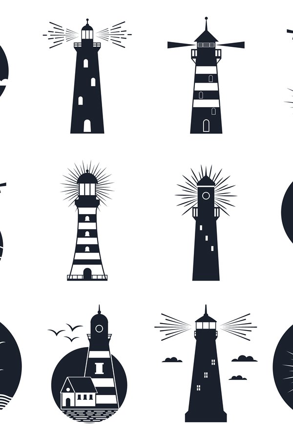 Lighthouse labels. Vintage beacon building emblems, marine n