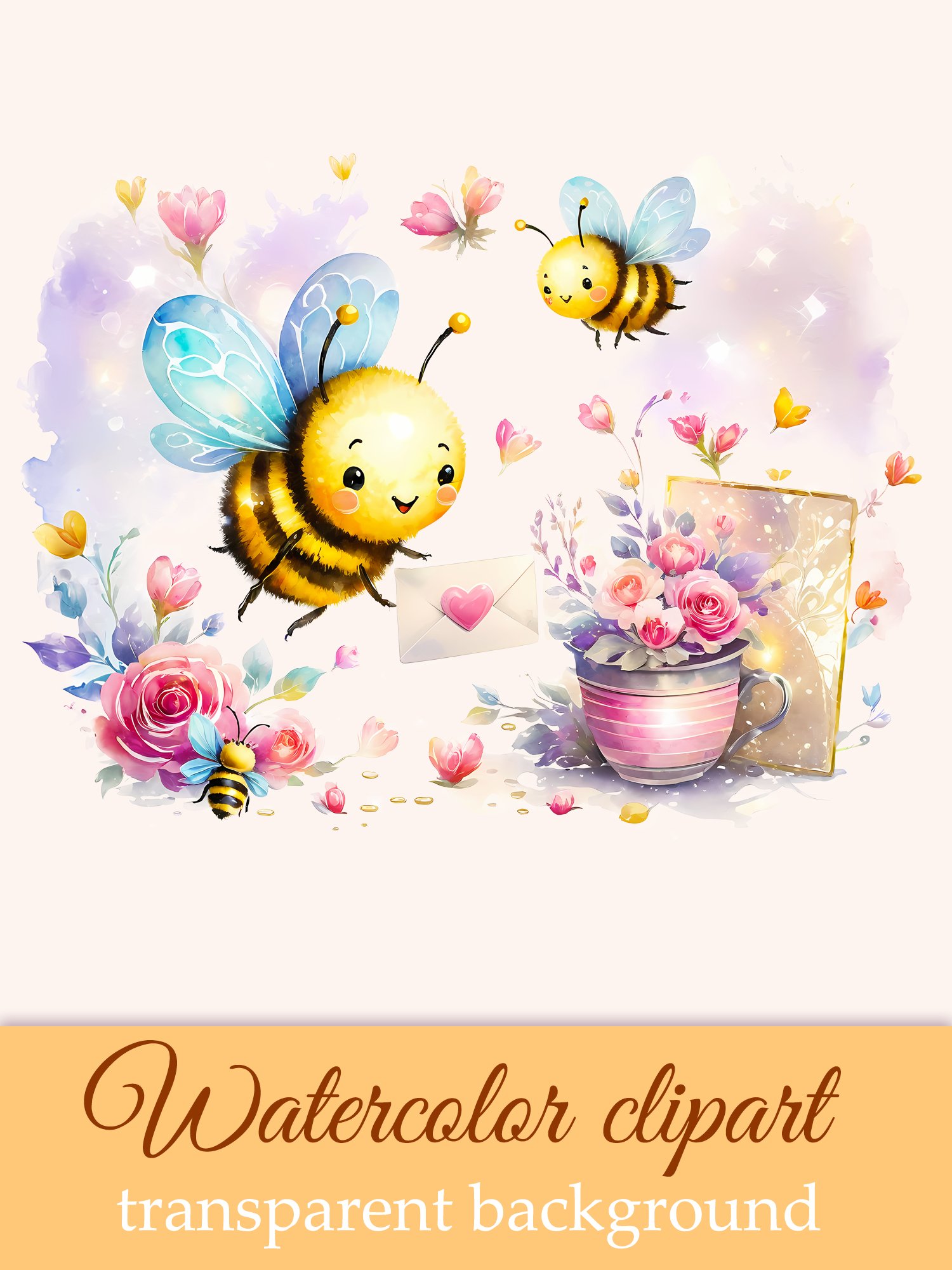 Watercolor Spring Bee Clipart, Bee watercolor painting, PNG,