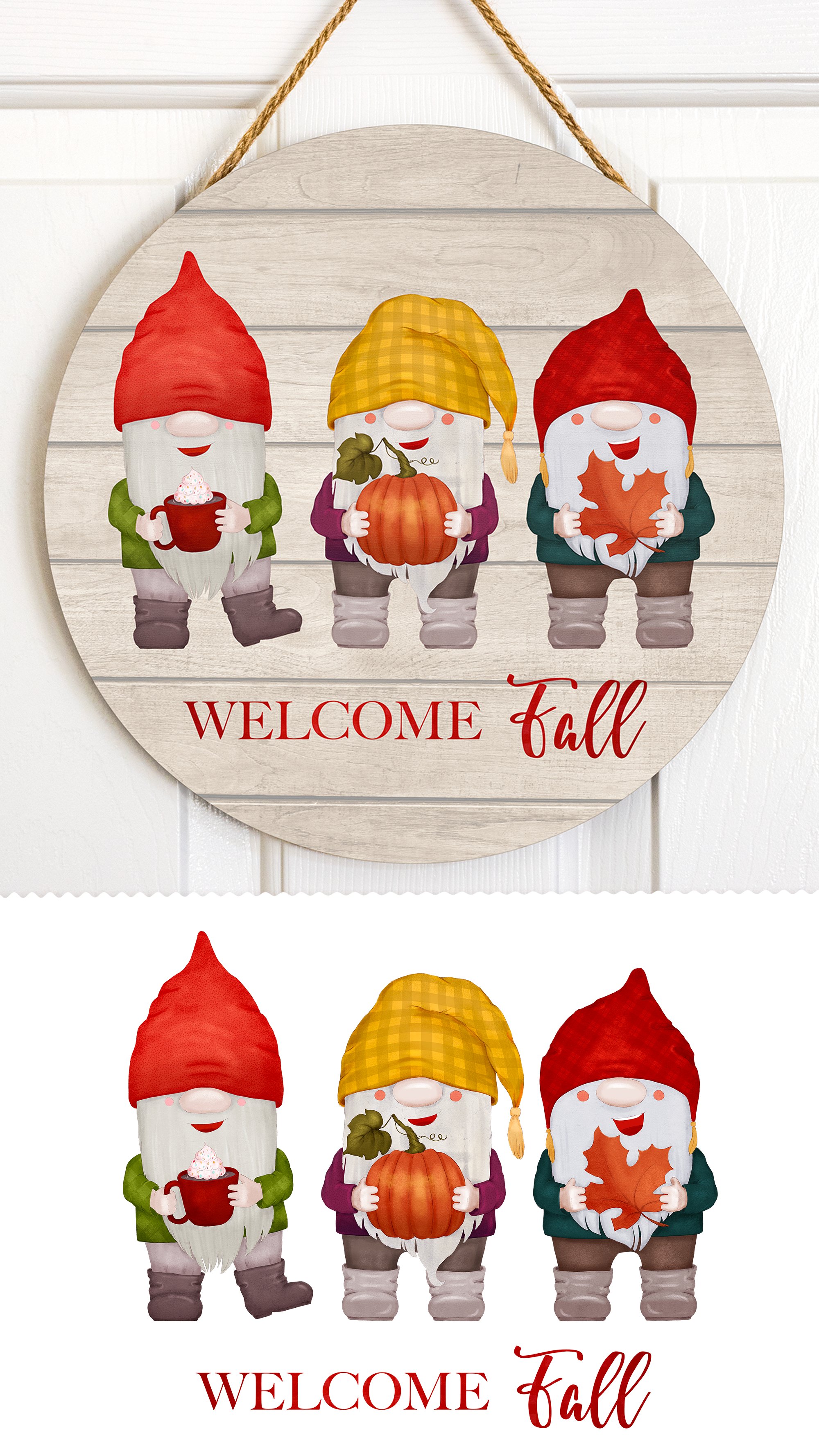 Fall round sign with Fall Gnomes. Welcome fall sign