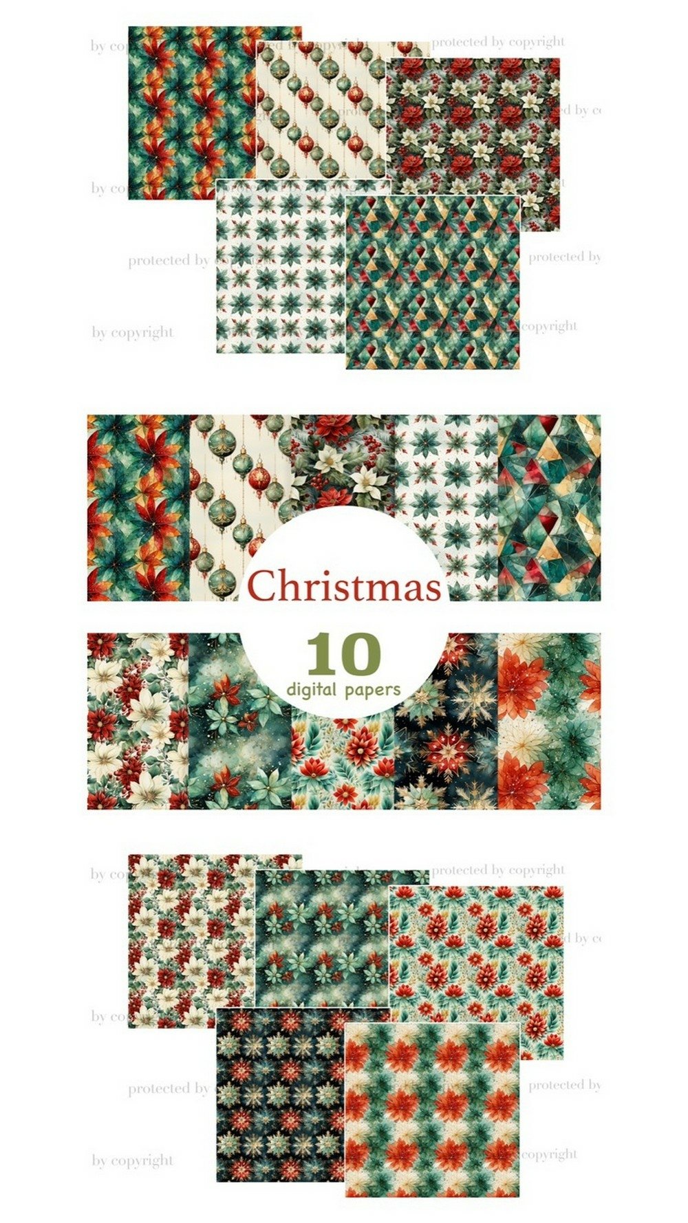 Christmas Digital Paper Set | Red Green Gold Digital Pattern