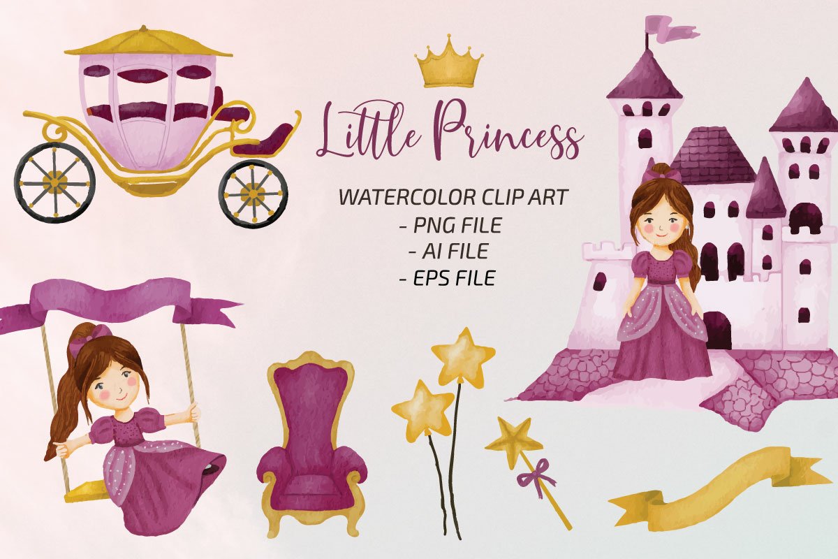 Little Princess Watercolor Clipart Set dusty purple PNG
