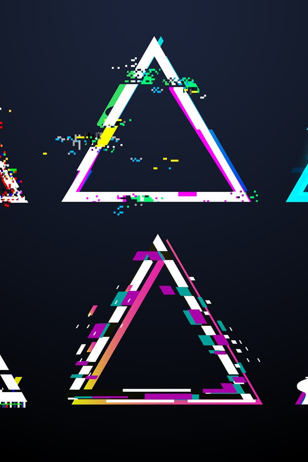 Glitch triangle frame. Distorted tv screen, flaw light bug e