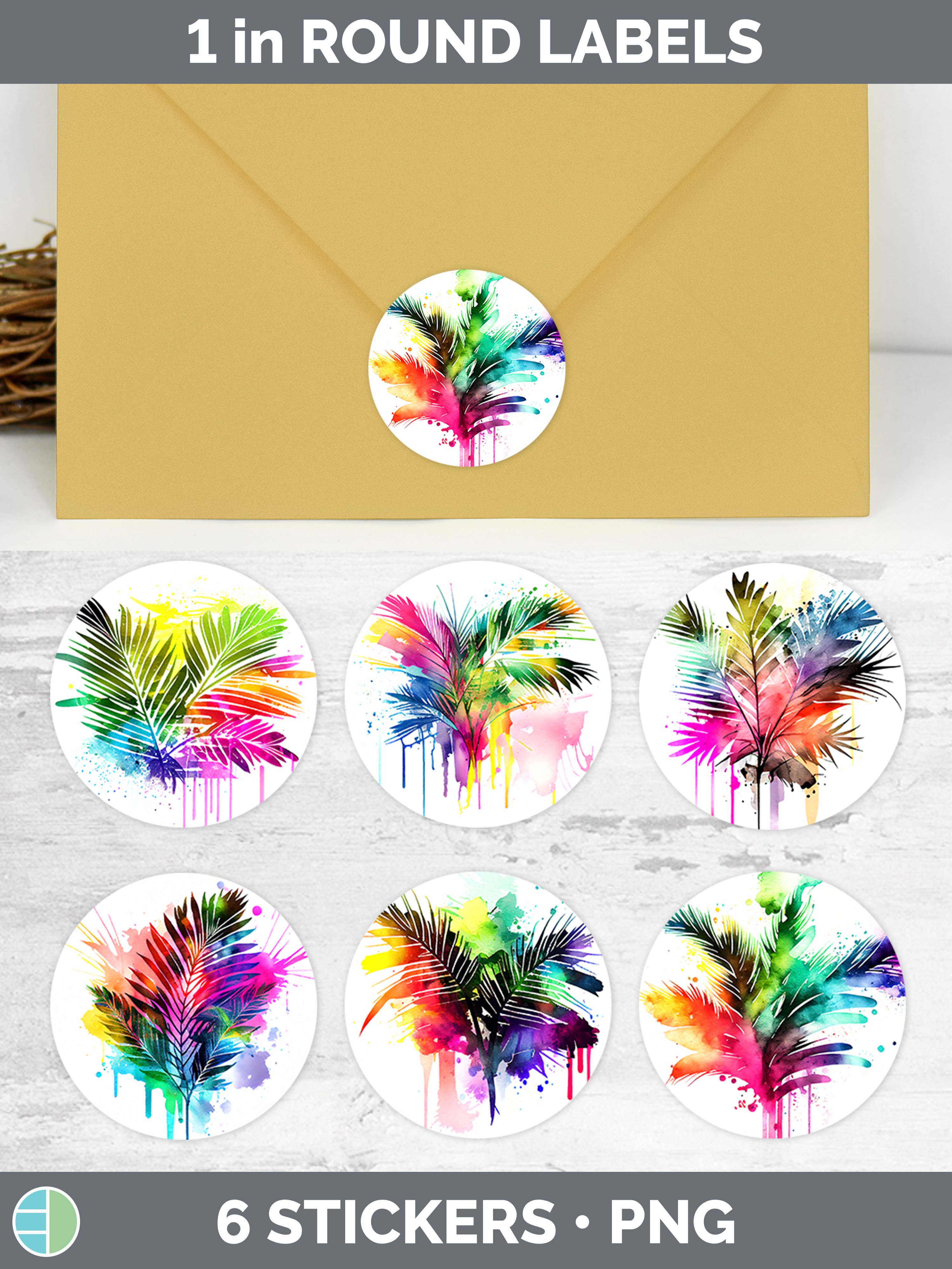 Rainbow Palm Leaves Stickers | Round Labels Designs Bundle
