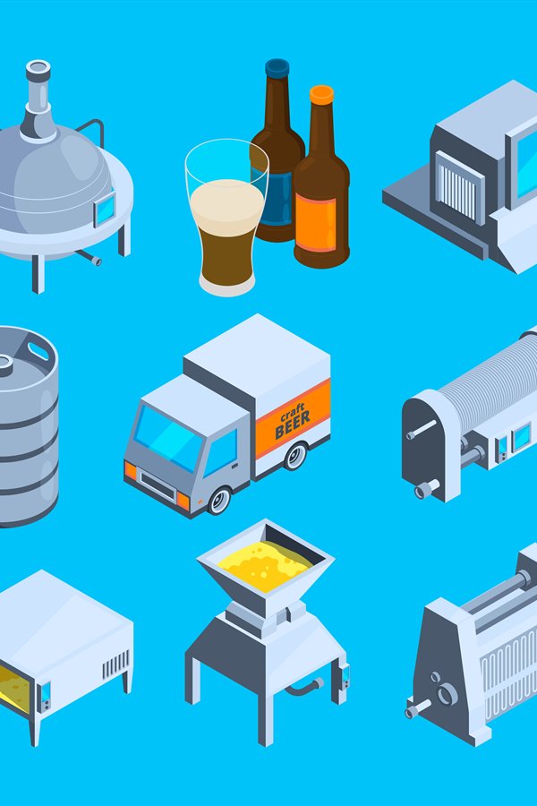 Beer production isometric. Vector tools of brewery