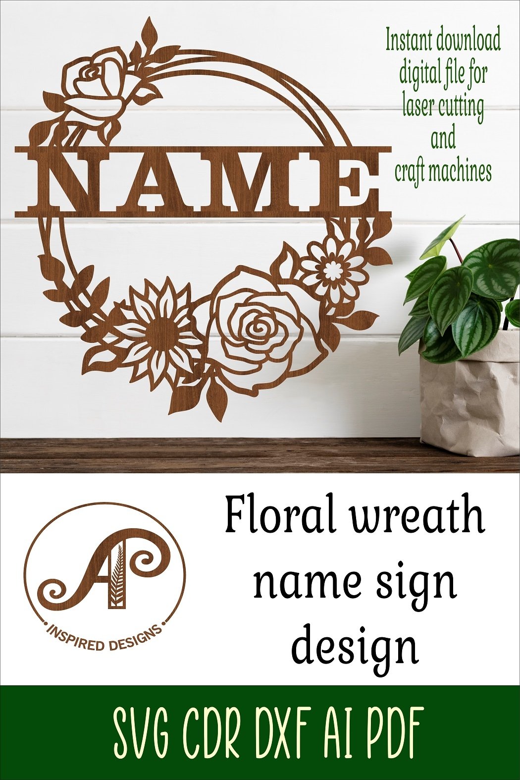 Floral wreath Name sign svg laser cut template