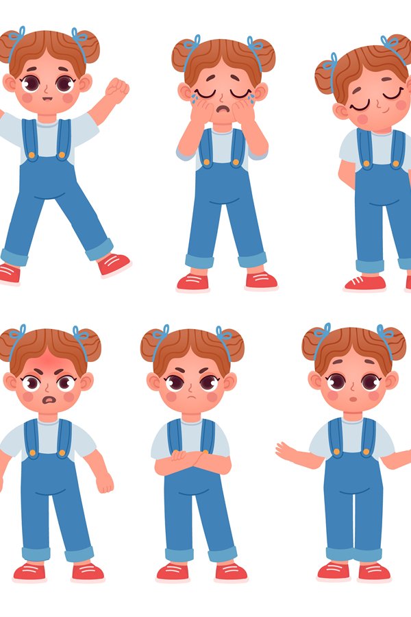 Cartoon cute little girl face emotions and expressions. Kid
